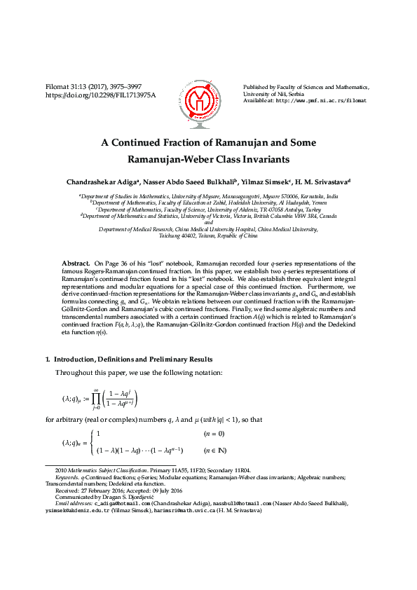 Pdf A Continued Fraction Of Ramanujan And Some Ramanujan Weber Class Invariants