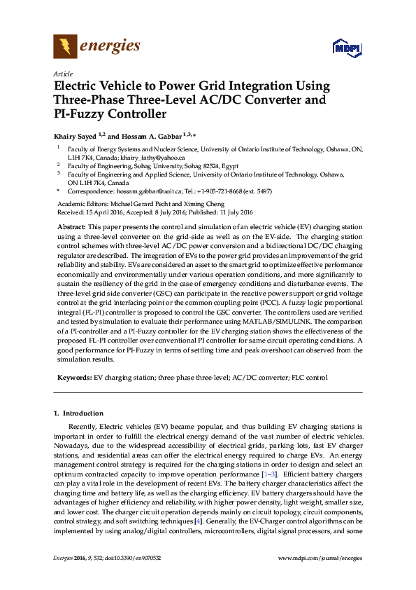 Pdf Electric Vehicle To Power Grid Integration Using Three Phase Three Level Ac Dc Converter