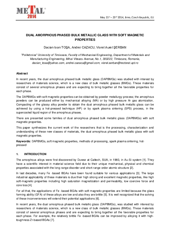 (PDF) Dual Amorphous Phased Bulk Metallic Glass with Soft Magnetic ...