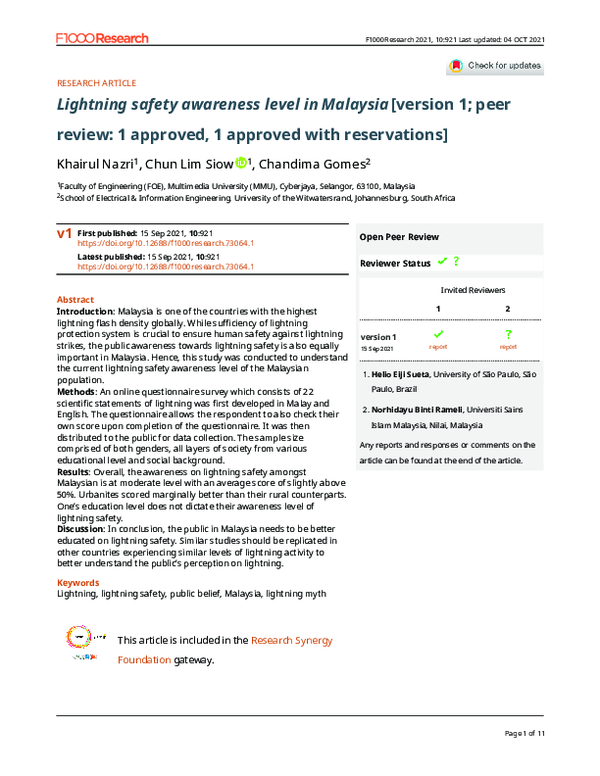 (PDF) Referee report. For: Lightning safety awareness level in Malaysia ...