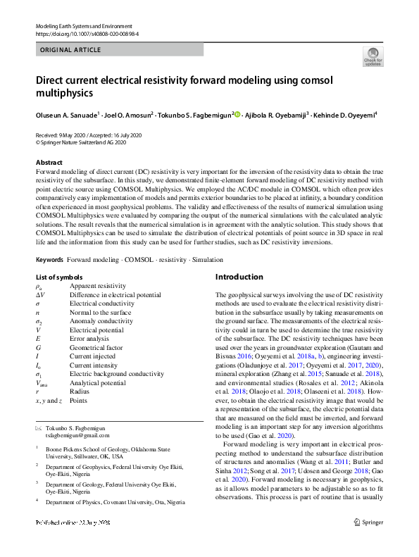 (PDF) Direct current electrical resistivity forward modeling using comsol multiphysics