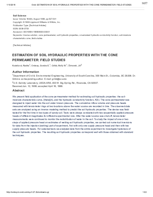 (PDF) Estimation of Soil Hydraulic Properties with the Cone Permeameter ...