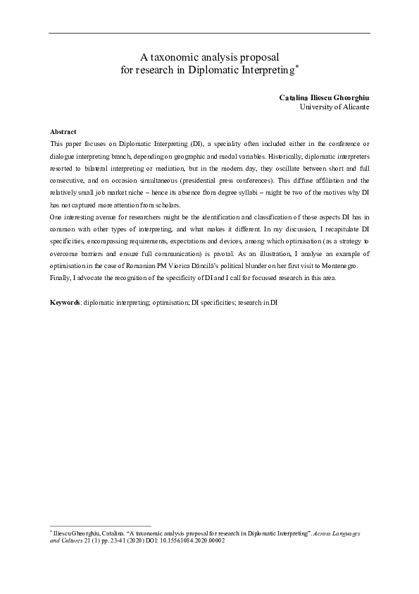 (PDF) A Taxonomic Analysis Proposal for Research in Diplomatic Interpreting