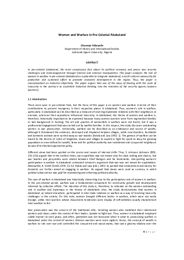 (PDF) Women and Warfare in Pre-Colonial Akokoland