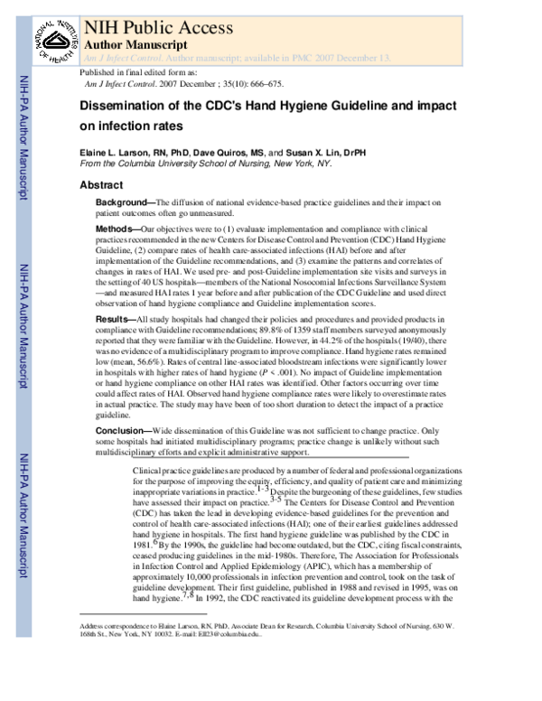 (PDF) Dissemination of the CDC's Hand Hygiene Guideline and impact on ...