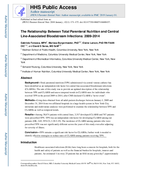(PDF) The Relationship Between Parenteral Nutrition and Central Line ...