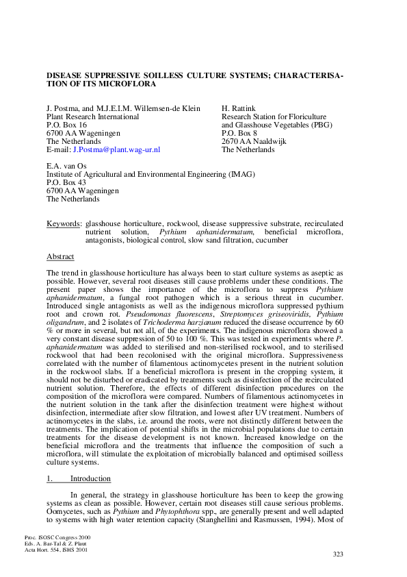 (PDF) Disease Suppressive Soilless Culture Systems; Characterisation of ...