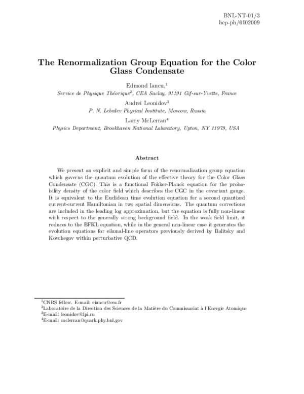 (PDF) The renormalization group equation for the color glass condensate ...