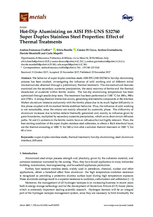 (PDF) Hot-Dip Aluminizing on AISI F55–UNS S32760 Super Duplex Stainless ...