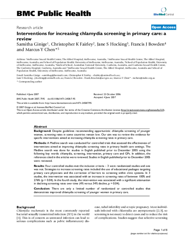 (PDF) Interventions for increasing chlamydia screening in primary care ...