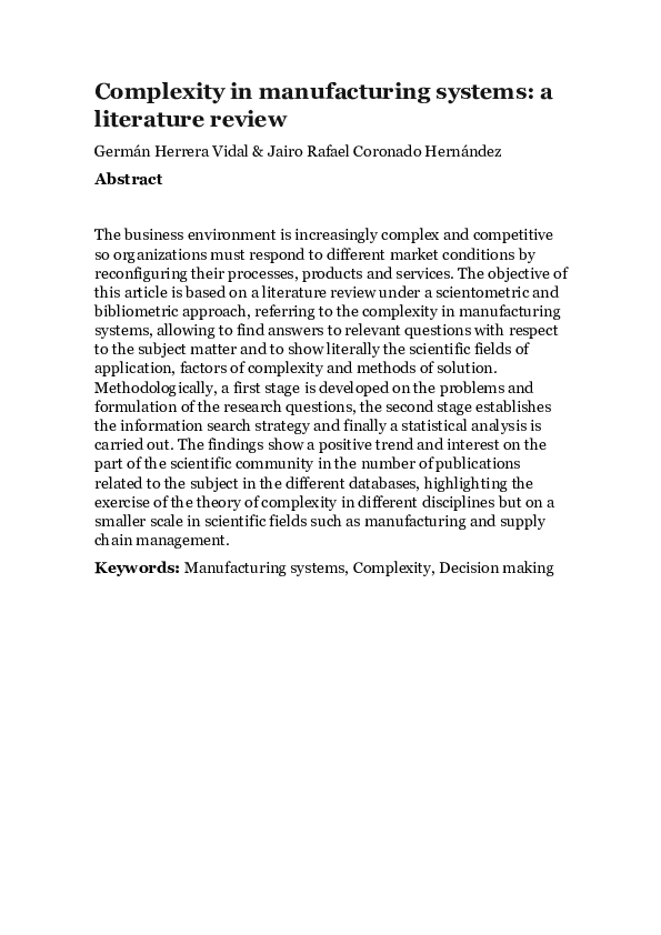(PDF) Complexity in manufacturing systems: a literature review