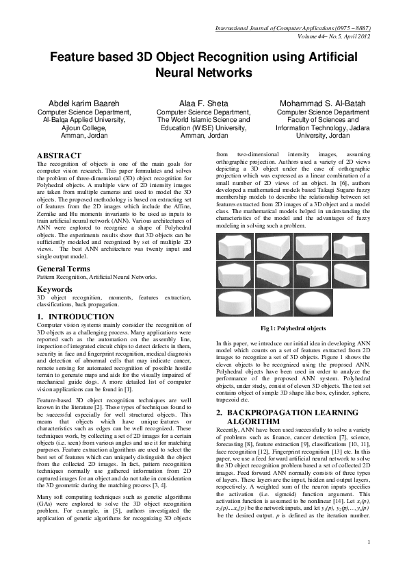 Pdf Ms Feature Based 3d Object Recognition Using Articial Neural Networks Abdel Karim