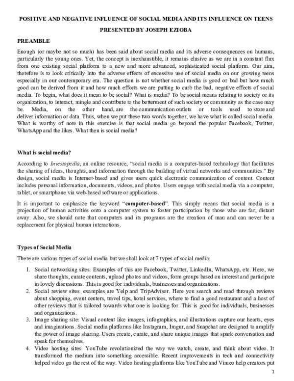 (DOC) POSITIVE AND NEGATIVE INFLUENCE OF SOCIAL MEDIA AND ITS INFLUENCE ...