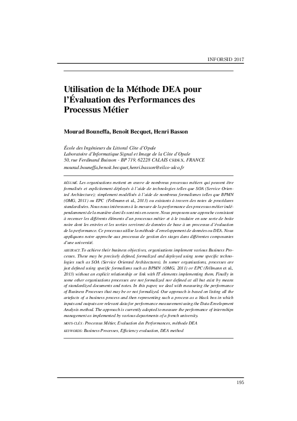 (PDF) Utilisation de la Méthode DEA pour l'Évaluation des Performances ...