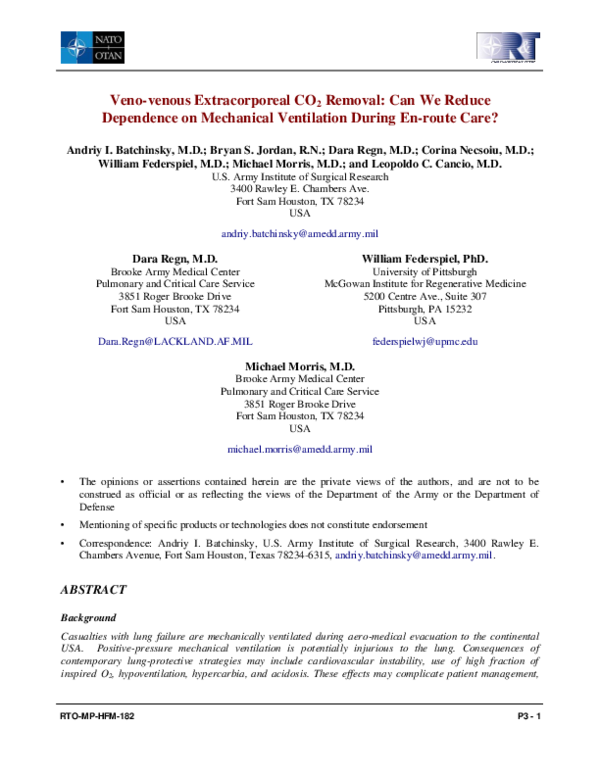 (PDF) Veno-Venous Extracorporeal CO2 Removal: Reduction in Dependence ...