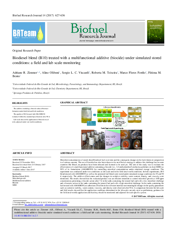 (PDF) Biodiesel blend (B10) treated with a multifunctional additive ...