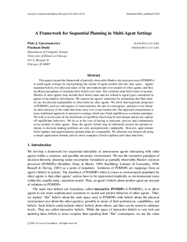 Pdf A Framework For Sequential Planning In Multi Agent Settings