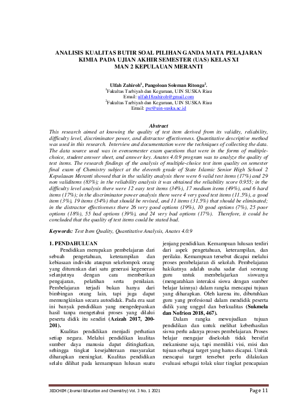 (PDF) Analisis Kualitas Butir Soal Pilihan Ganda Mata Pelajaran Kimia Pada Ujian Akhir Semester ...