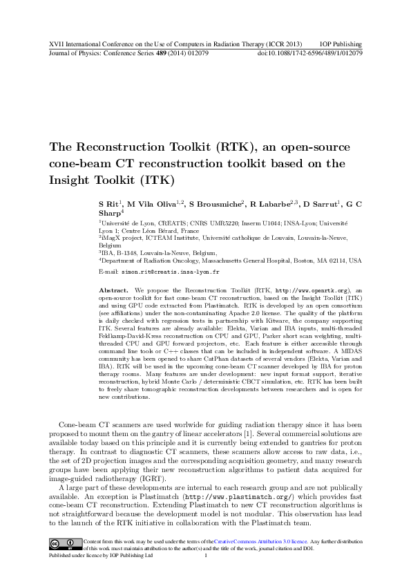 Pdf The Reconstruction Toolkit Rtk An Open Source Cone Beam Ct Reconstruction Toolkit Based