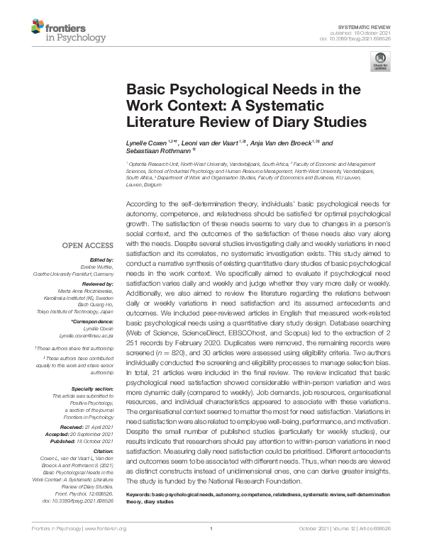 (PDF) Basic Psychological Needs in the Work Context: A Systematic Literature Review of Diary Studies