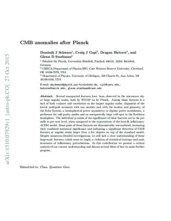 (PDF) CMB anomalies after Planck