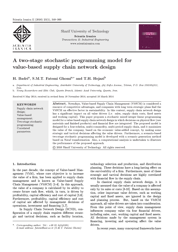 Pdf A Two Stage Stochastic Programming Model For Value Based Supply