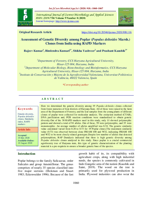 (PDF) Assessment of Genetic Diversity among Poplar (Populus deltoides ...