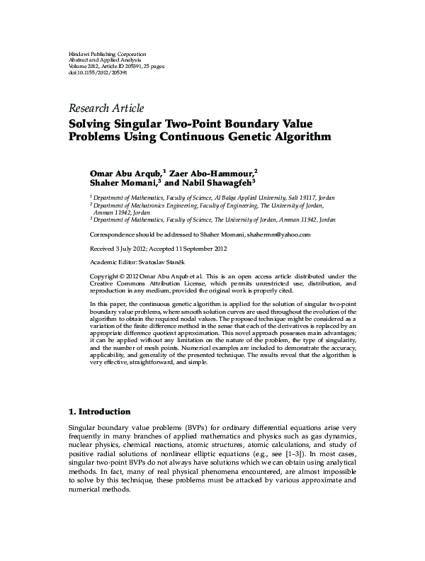 Pdf Solving Singular Two Point Boundary Value Problems Using Continuous Genetic Algorithm