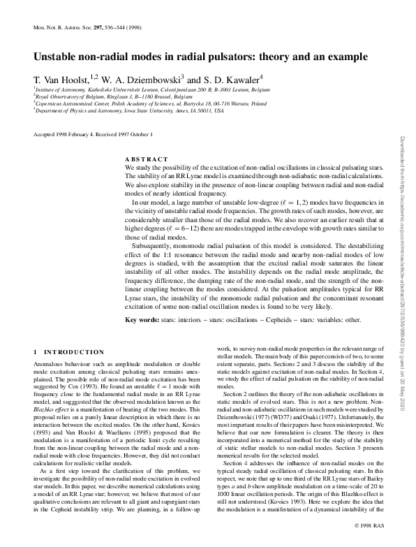 (PDF) Unstable non-radial modes in radial pulsators: theory and an example