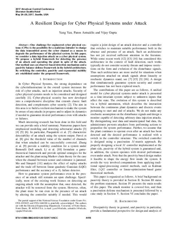 (PDF) A resilient design for cyber physical systems under attack
