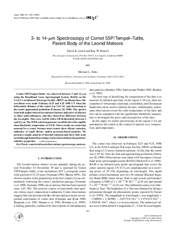 (PDF) 3- to 14- μm Spectroscopy of Comet 55P/Tempel–Tuttle, Parent Body ...