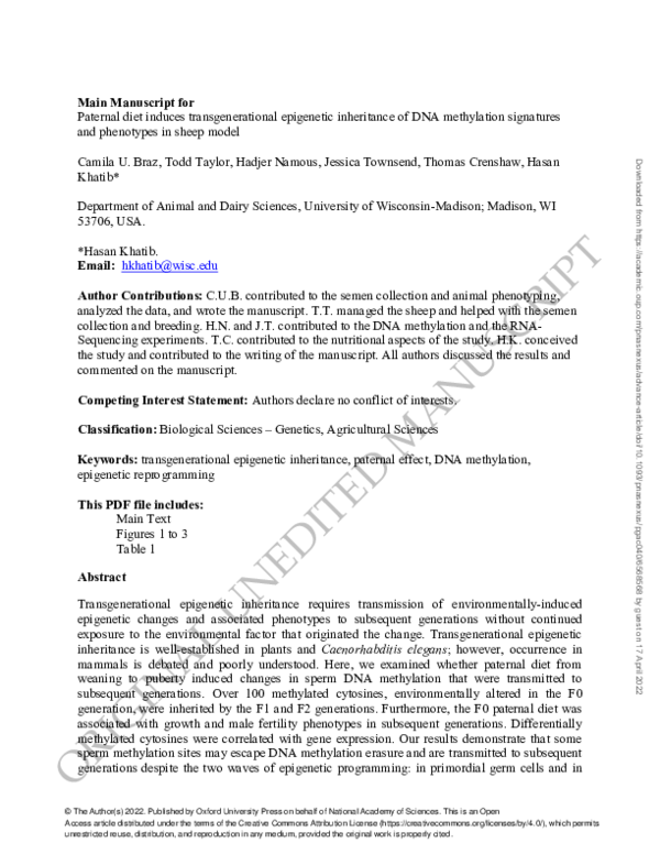 (PDF) Main Manuscript for Paternal diet induces transgenerational epigenetic inheritance of DNA ...