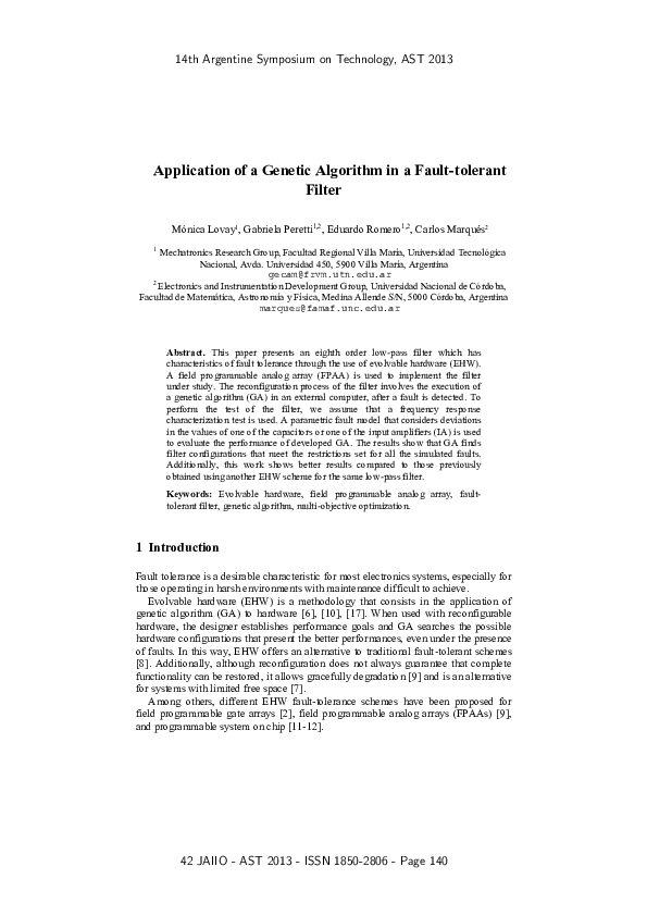 Pdf Application Of A Genetic Algorithm In A Fault Tolerant Filter