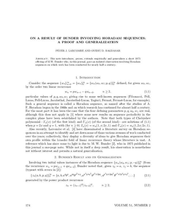 (PDF) On a result of Bunder involving Horadam sequences: A proof and generalization