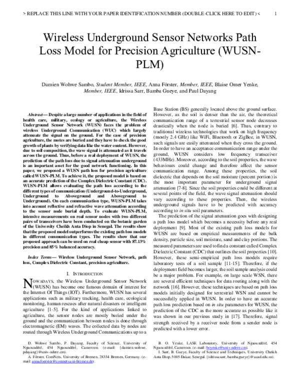 (PDF) Wireless Underground Sensor Networks Path Loss Model for ...