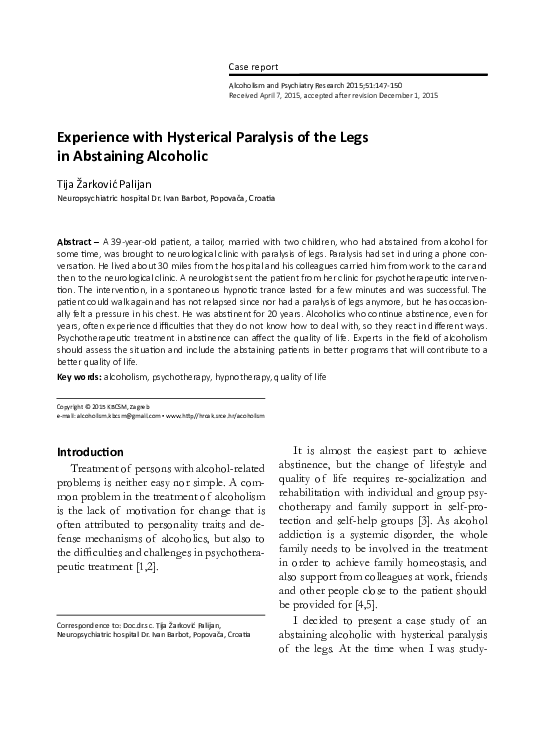 (PDF) Experience with Hysterical Paralysis of the Legs in Abstaining ...
