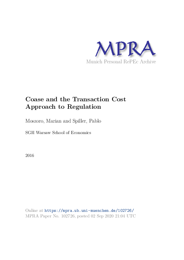 (PDF) Coase and the Transaction Cost Approach to Regulation