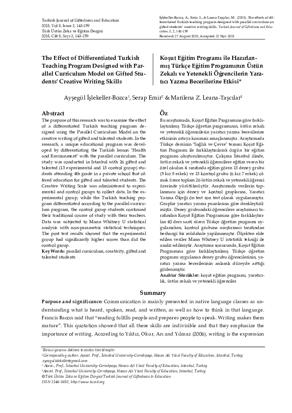 (PDF) The Effect of Differentiated Turkish Teaching Program Designed ...