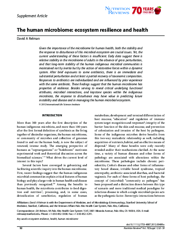 (PDF) The human microbiome: ecosystem resilience and health