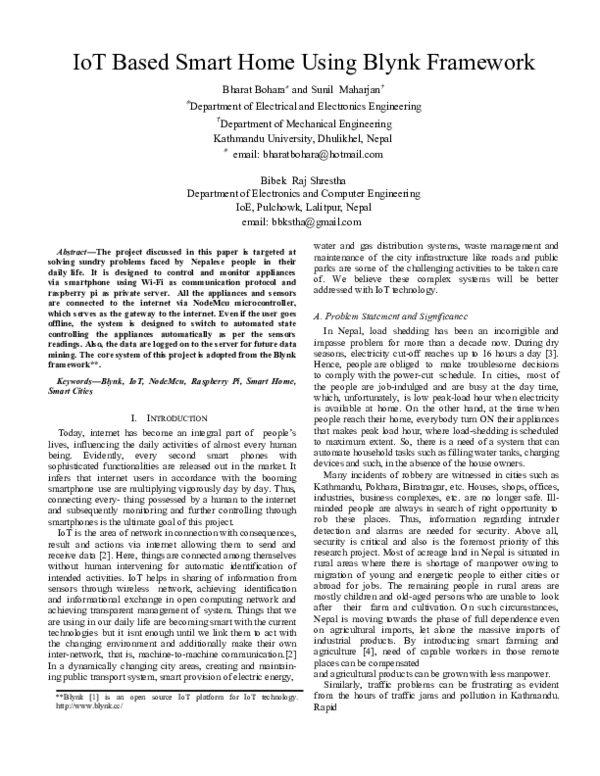 (PDF) IoT Based Smart Home using Blynk Framework