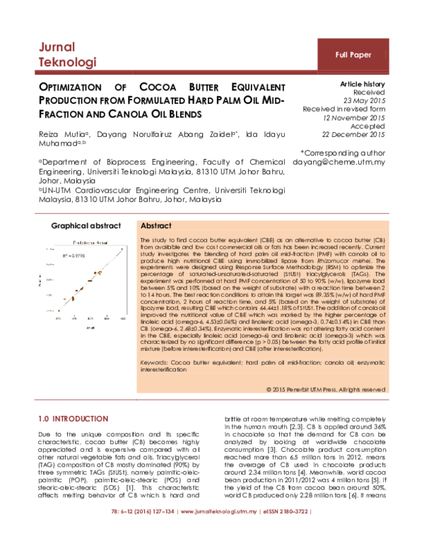 Pdf Optimization Of Cocoa Butter Equivalent Production From Formulated Hard Palm Oil Mid
