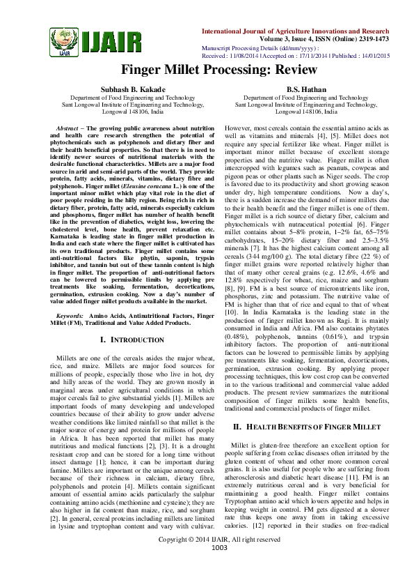 (PDF) Finger Millet Processing: Review