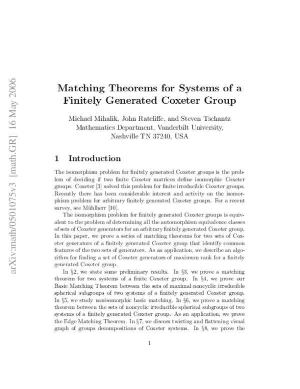(PDF) Matching theorems for systems of a finitely generated Coxeter group