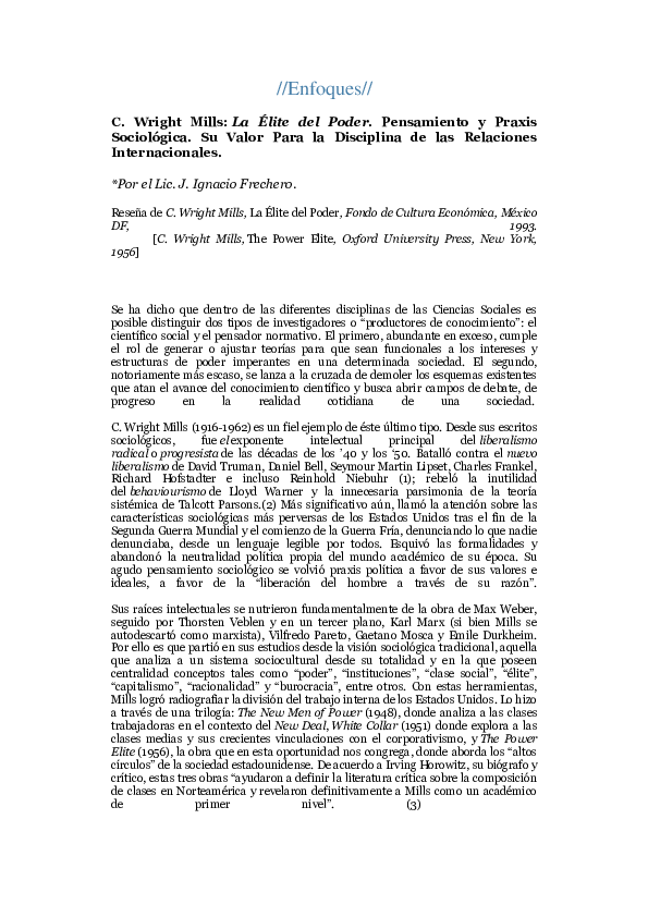 (PDF) C. Wright Mills: La Élite del Poder. Pensamiento y Praxis Sociológica. Su Valor Para la ...