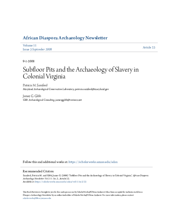 (PDF) Subfloor Pits and the Archaeology of Slavery in Colonial Virginia ...