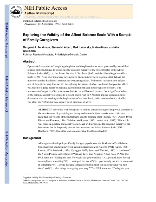 (PDF) Exploring the Validity of the Affect Balance Scale With a Sample ...