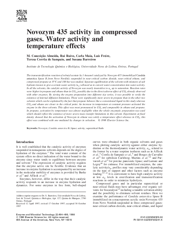 (PDF) Novozym 435 Activity in Compressed Gases. Water Activity and ...