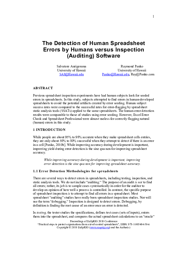 (PDF) The Detection of Human Spreadsheet Errors by Humans versus Inspection (Auditing) Software
