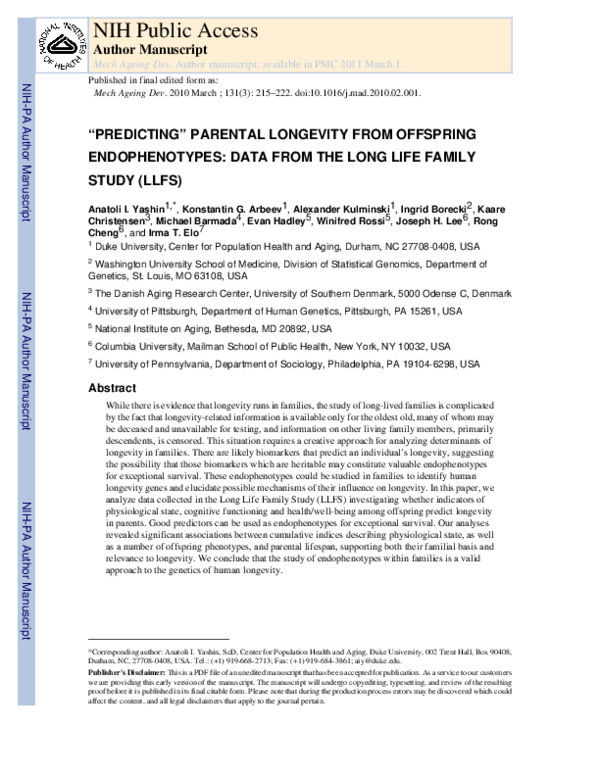 (PDF) “Predicting” parental longevity from offspring endophenotypes ...