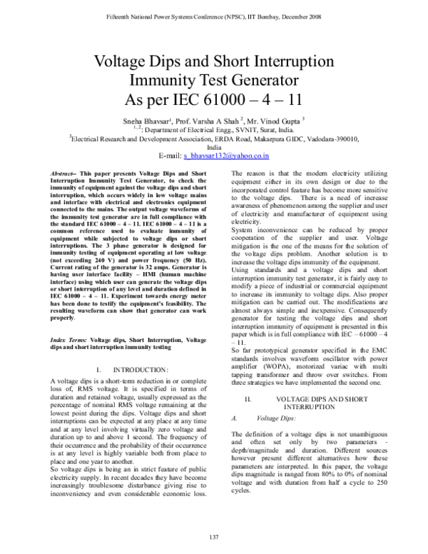 (PDF) Voltage Dips and Short Interruption Immunity Test Generator As ...